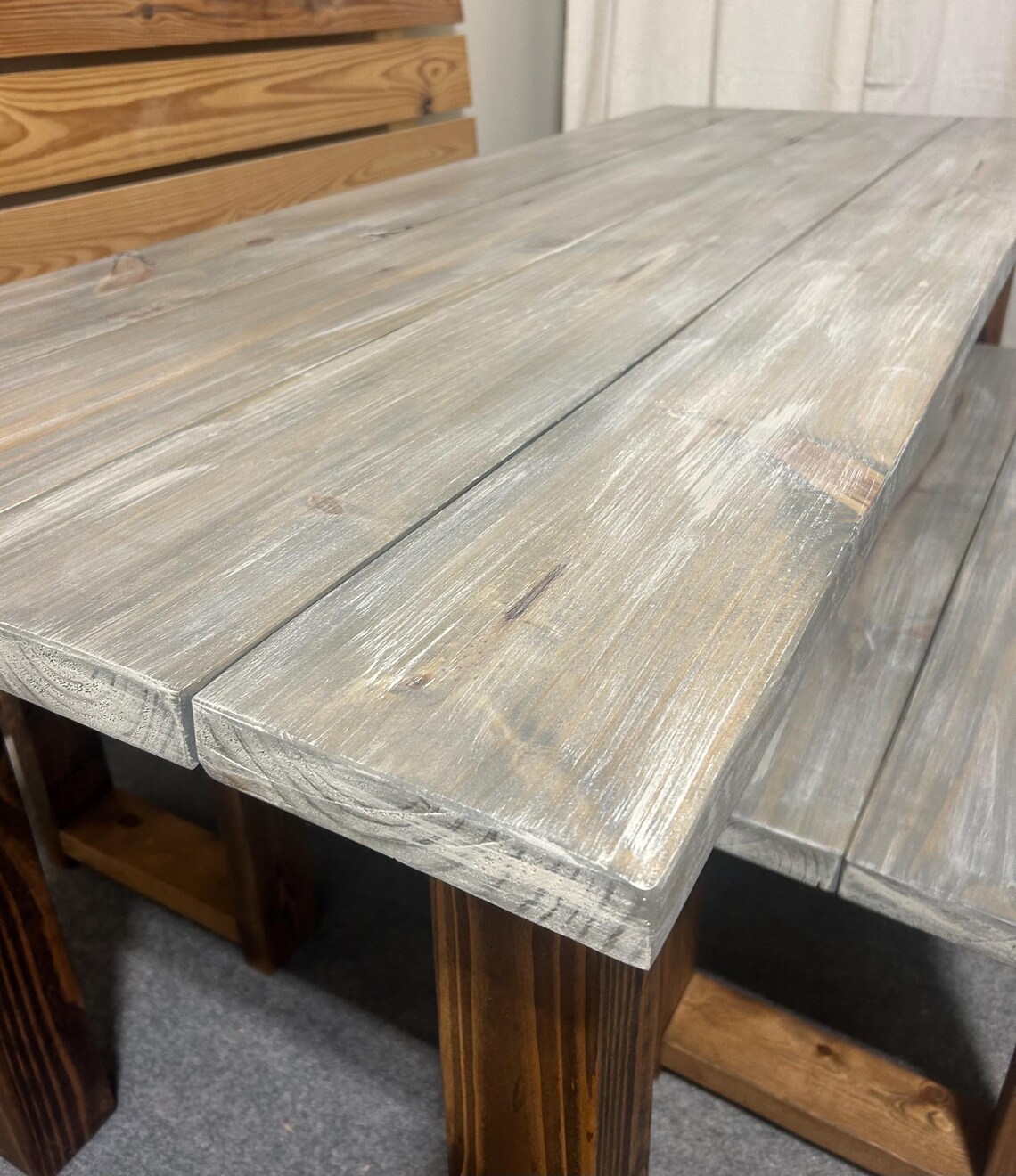 Narrow Farmhouse Dining Table Set: Provincial Brown, Gray Whitewash Top ...