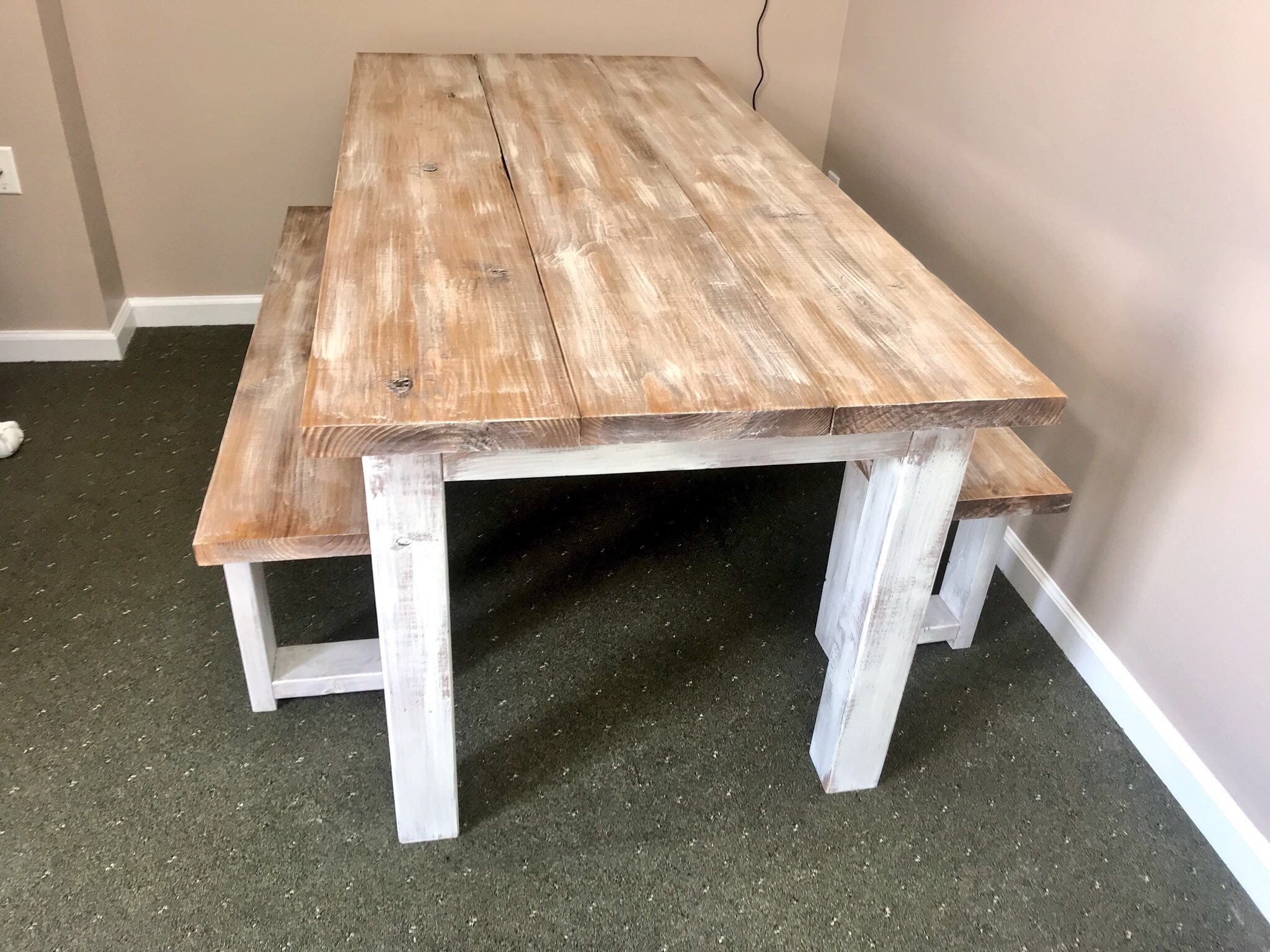 White Wash Farmhouse Table With Benches Rustic Wooden Walnut White Wash ...