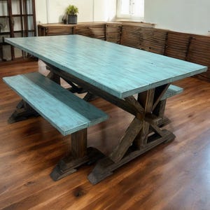 6ft Farmhouse Dining Table Set: Distressed Teal, Dark Walnut, Trestle ...
