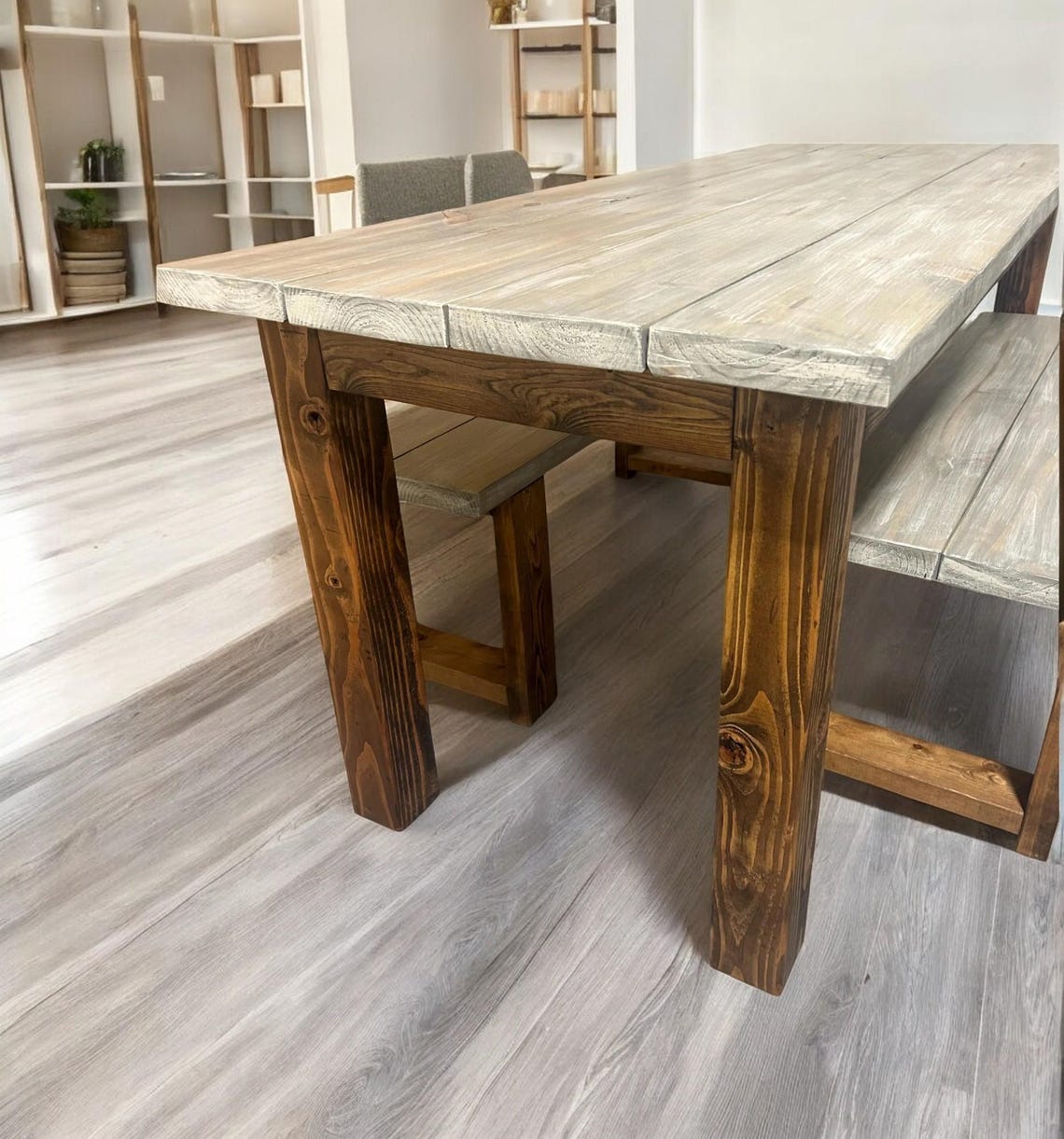 Narrow Farmhouse Dining Table Set: Provincial Brown, Gray Whitewash Top ...