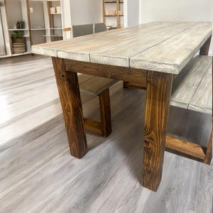 Narrow Farmhouse Dining Table Set: Provincial Brown, Gray Whitewash Top ...