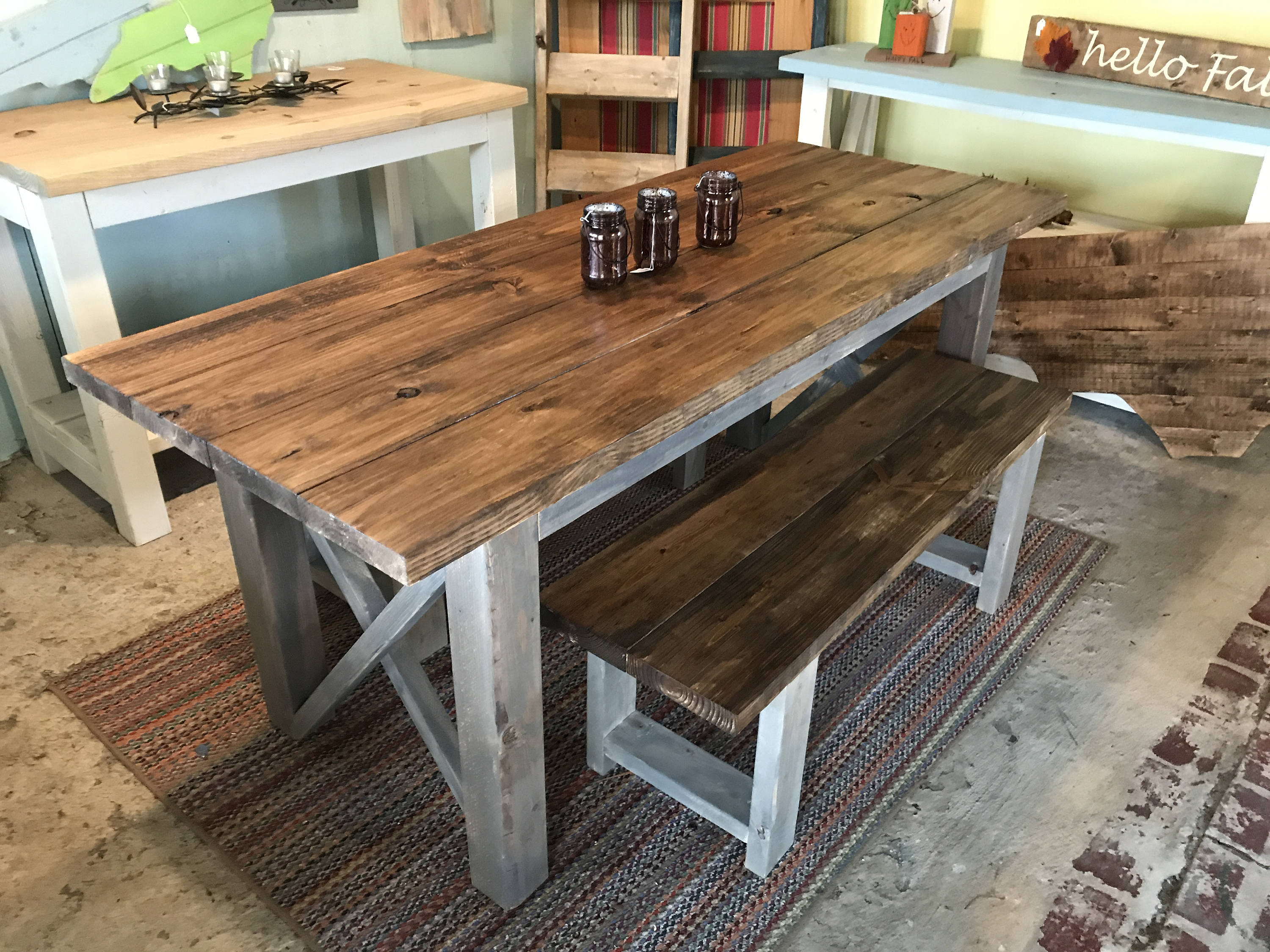 Farmhouse Table Set - Narrow Dining Table - X Accent - Classic Gray and ...