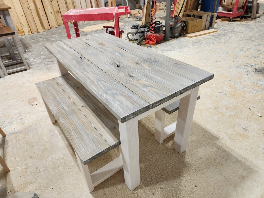White Wash Farmhouse Table With Benches Wooden Gray White Wash Stock ...