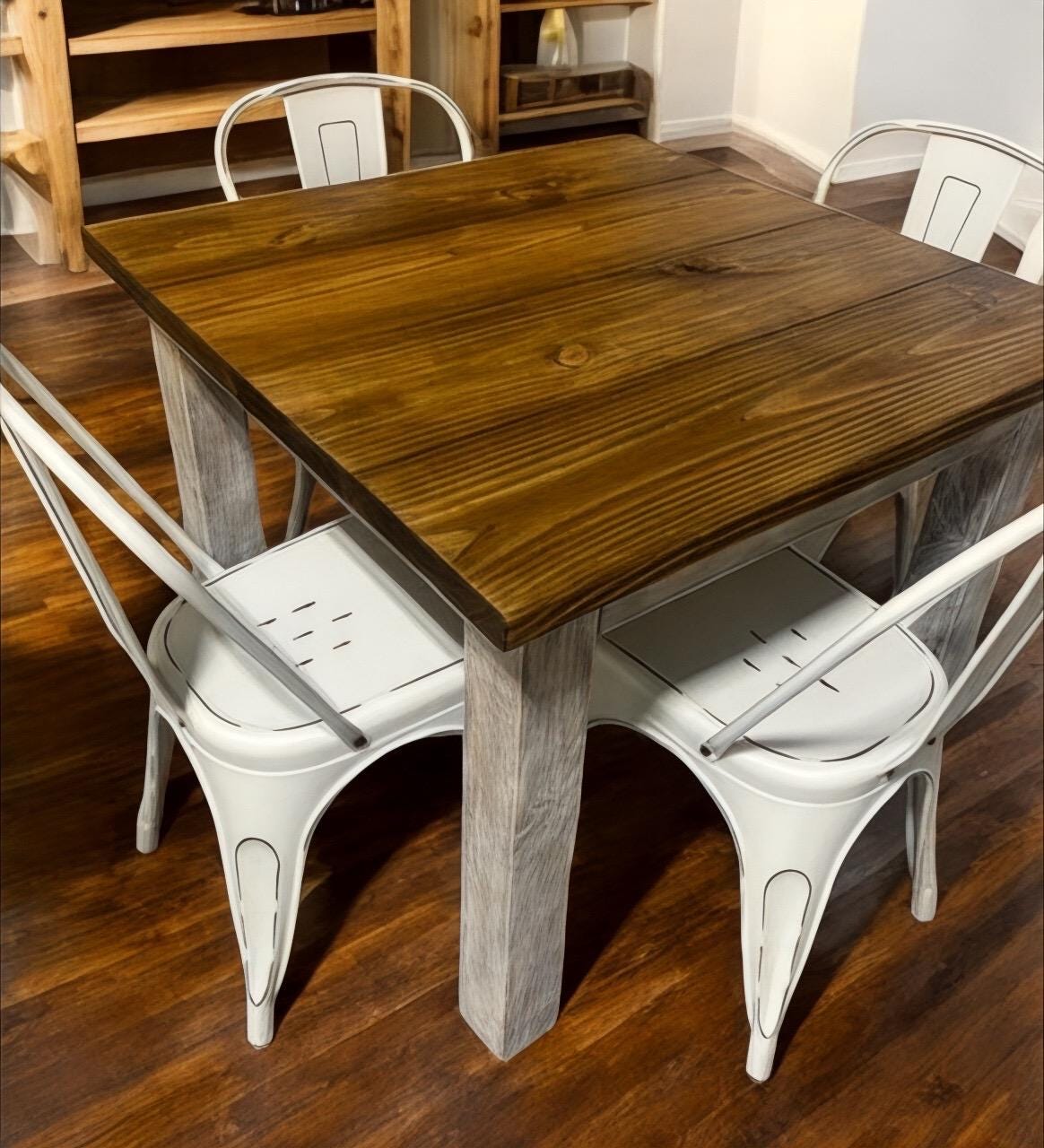 Square Table Set Farmhouse Style Table with Distressed White and Provincial Brown White Metal Chairs Small Kitchen Table Set