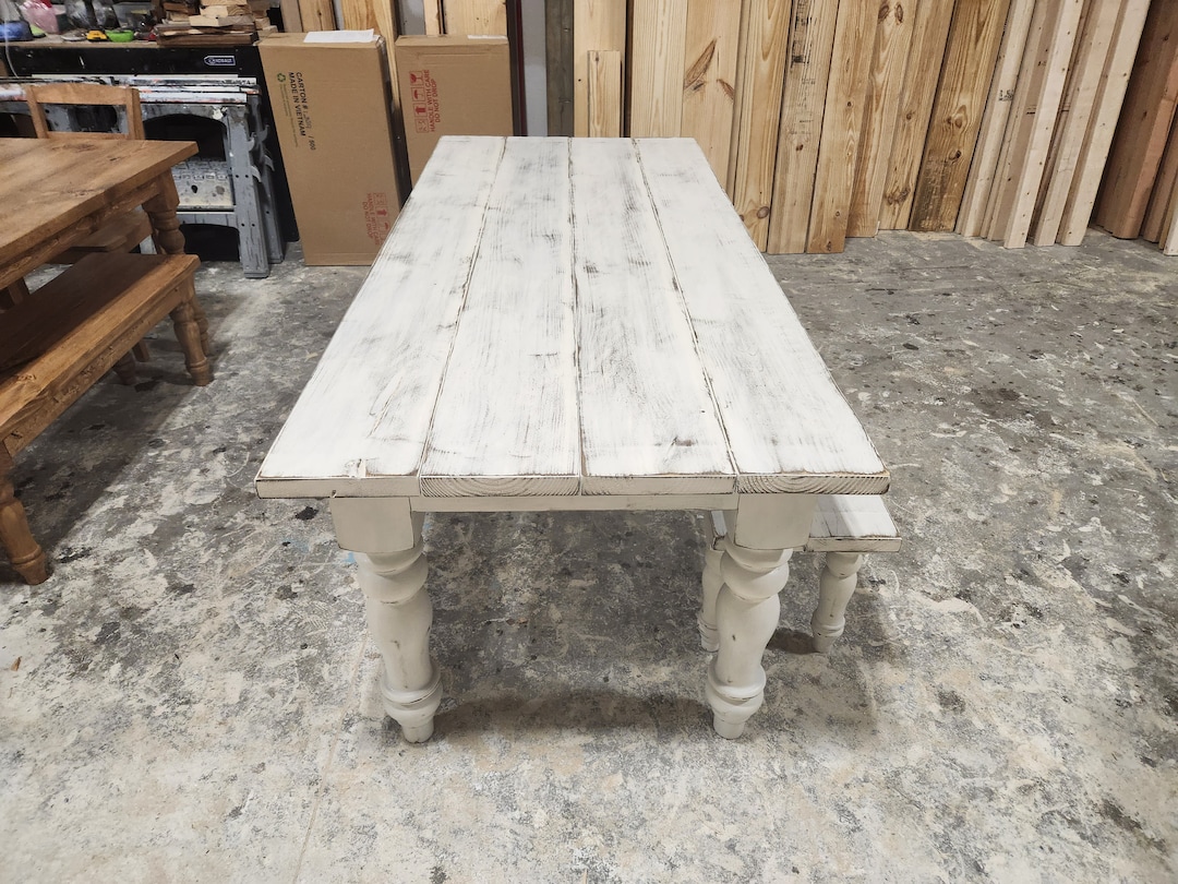 Rustic Farmhouse Dining Table and Bench Set: White Distressed Wood ...