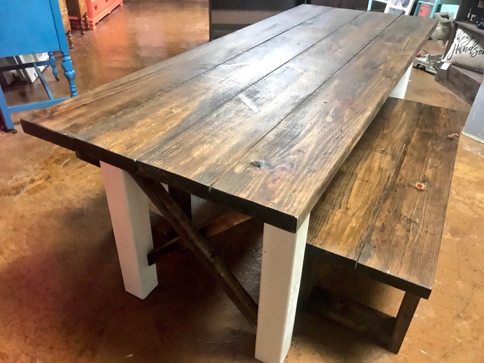 Rustic Wooden Farmhouse Table Set With Dark Walnut Brown Top and Creamy ...
