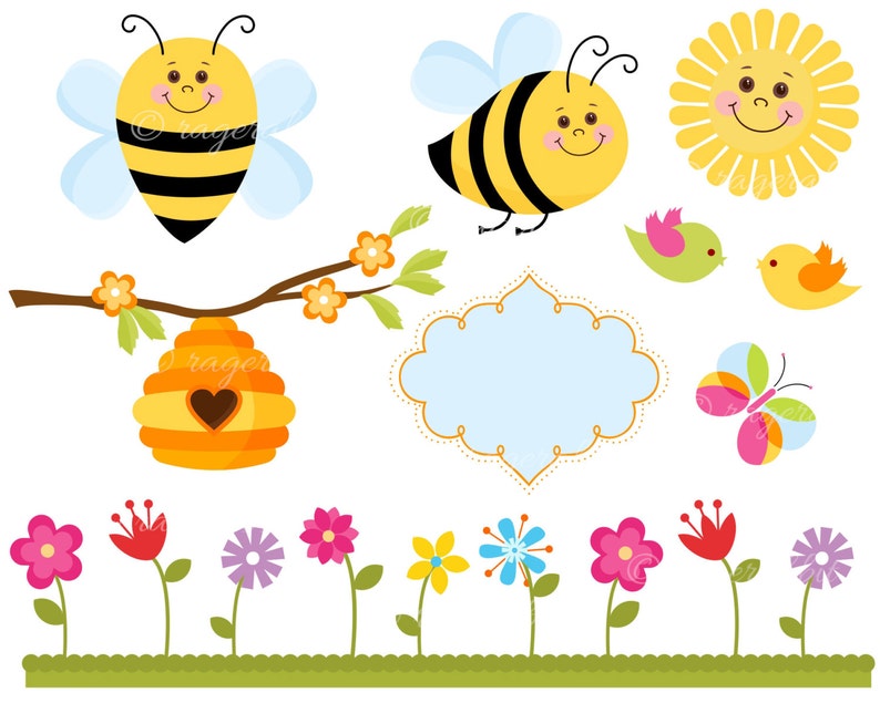 Bee Set Vector Illustrations, Clip Arts, Flowers, Birds, Sun, Butterfly ...