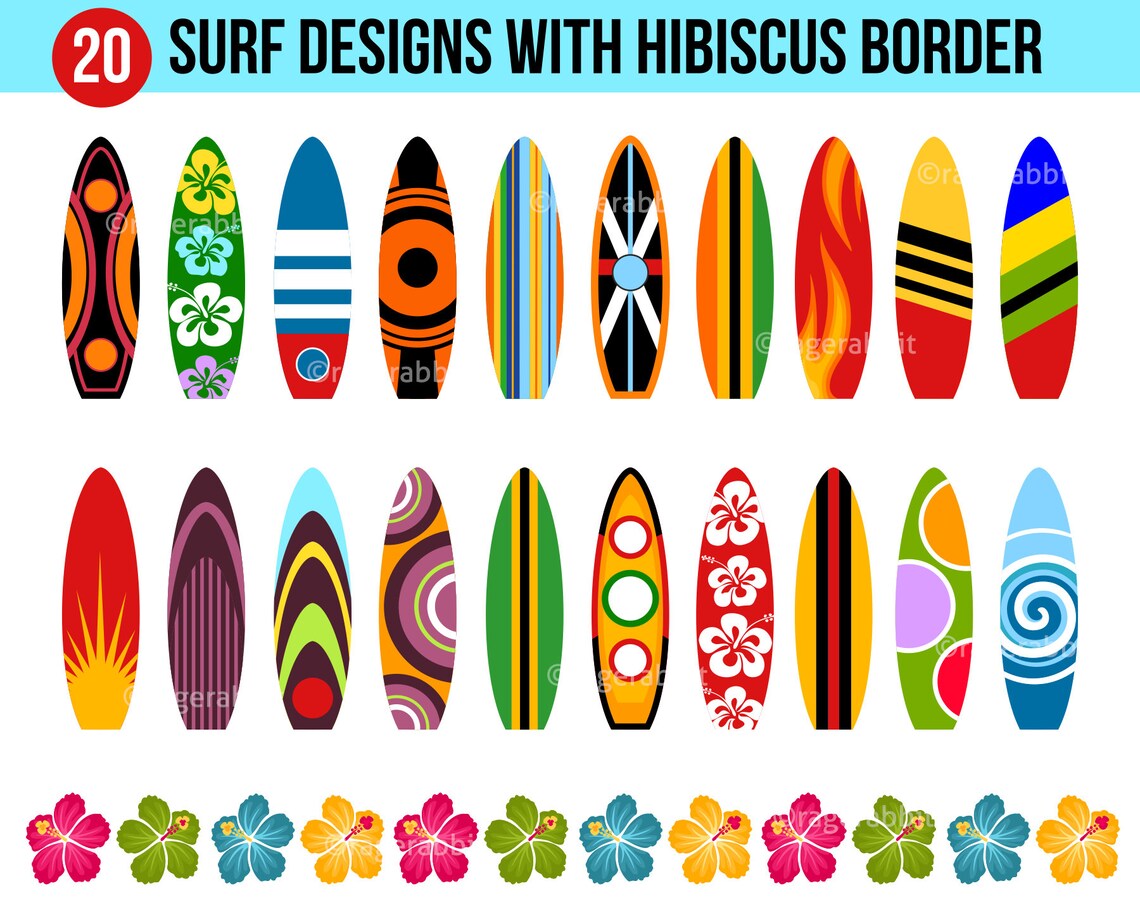 20 Surf Designs With Hibiscus Flowers, Sumer, Island, Set, Collection ...