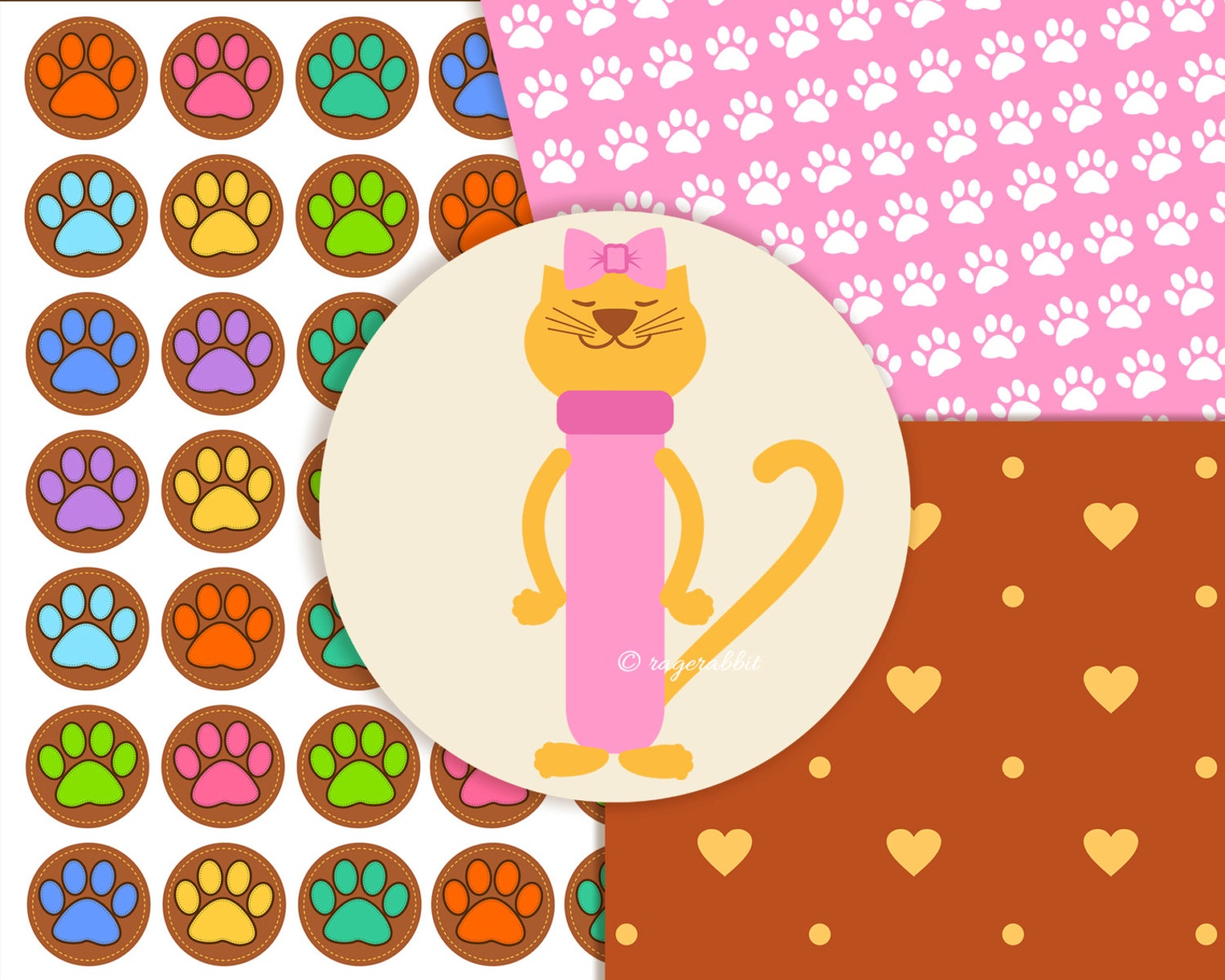 Pet Paws Digital Paper Set With Cats Fashion Cliparts, Paw Pattern, Paw ...