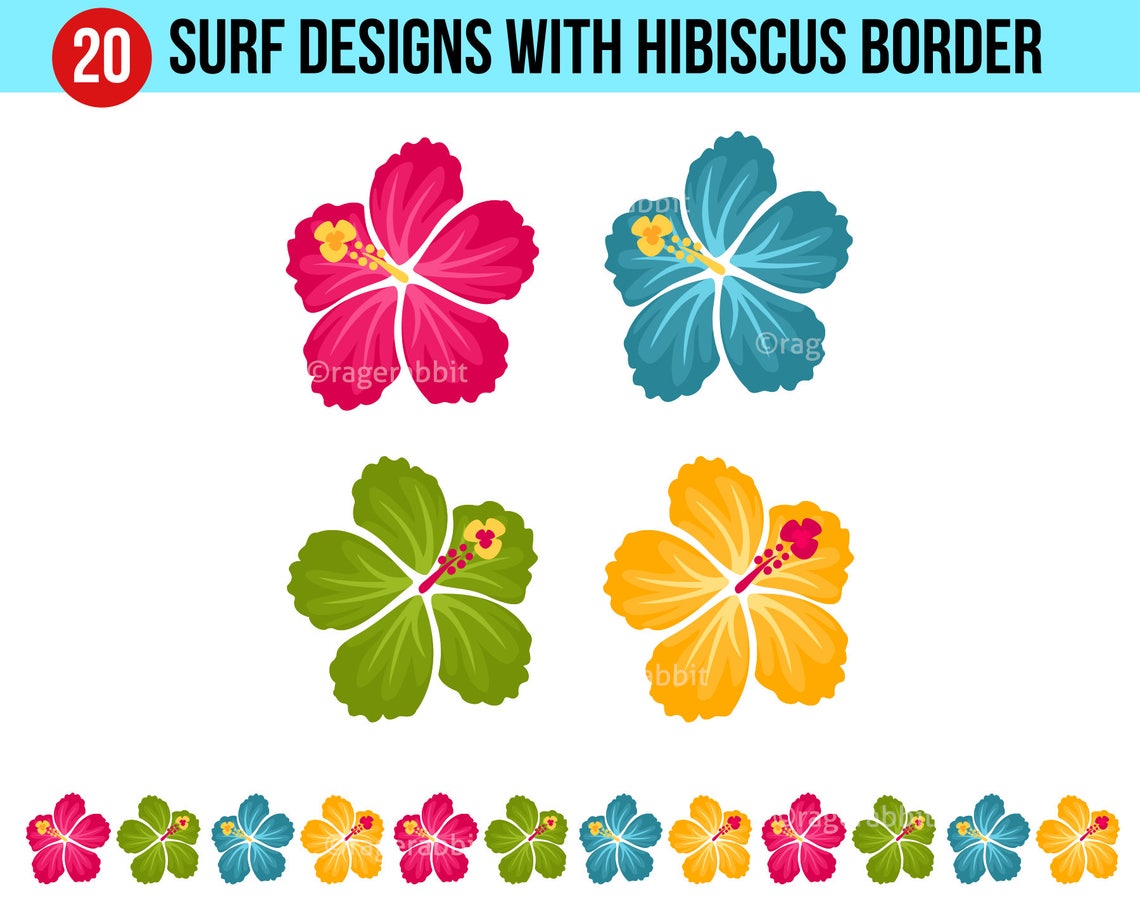 20 Surf Designs With Hibiscus Flowers, Sumer, Island, Set, Collection ...
