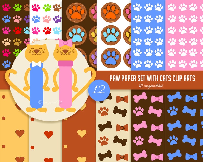 Pet Paws Digital Paper Set With Cats Fashion Cliparts, Paw Pattern, Paw ...