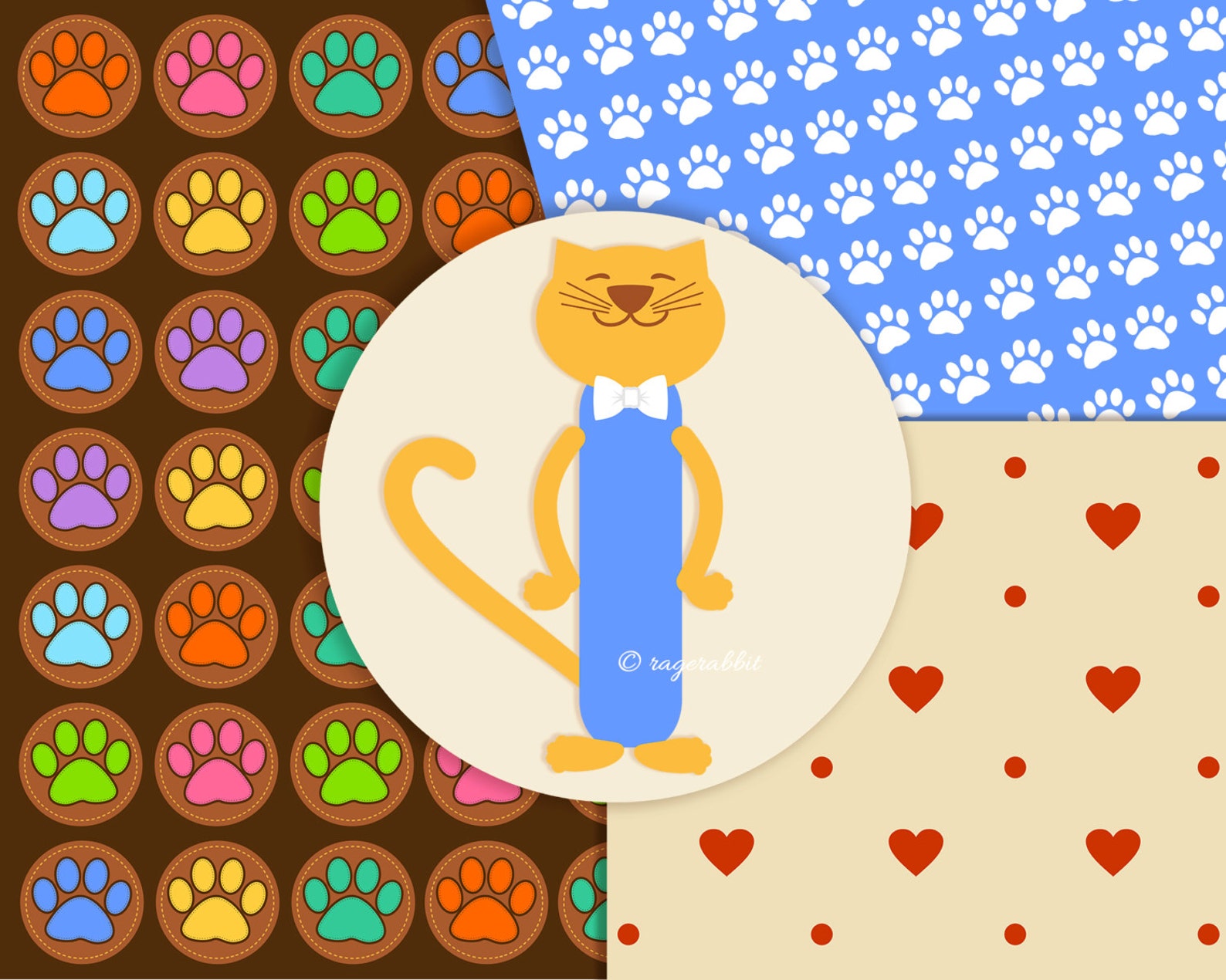 Pet Paws Digital Paper Set With Cats Fashion Cliparts, Paw Pattern, Paw ...