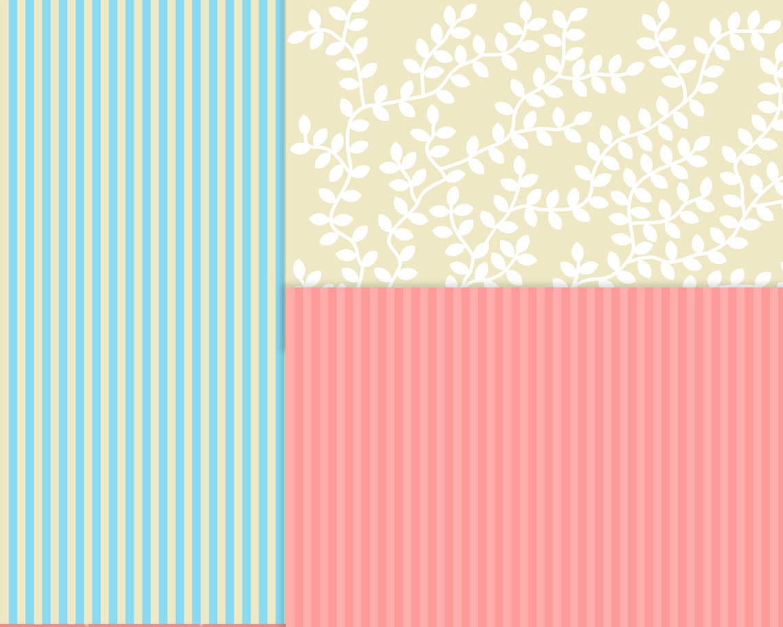 Vintage Digital Paper Set, Polka Dots, Stripes, Spring, Leaf, Natural ...