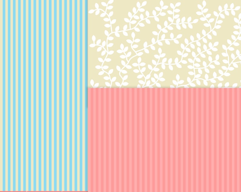 Vintage Digital Paper Set, Polka Dots, Stripes, Spring, Leaf, Natural ...