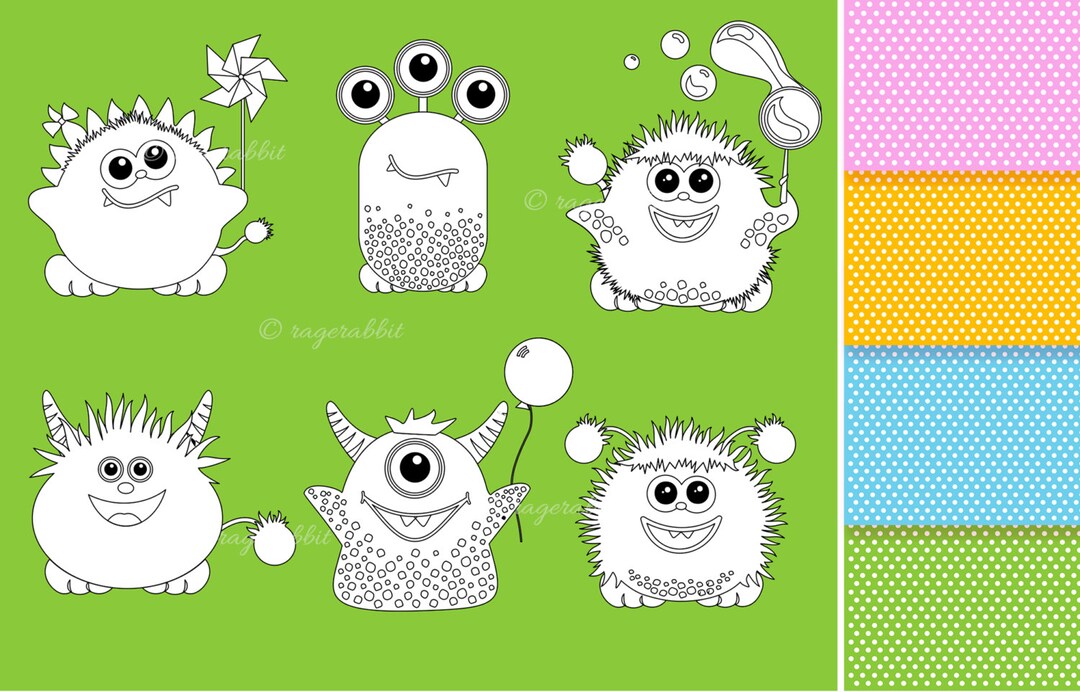 Monster Stamps Set, Vetor Illustrations, Clip Art, Scrapbok, Polka Dots ...