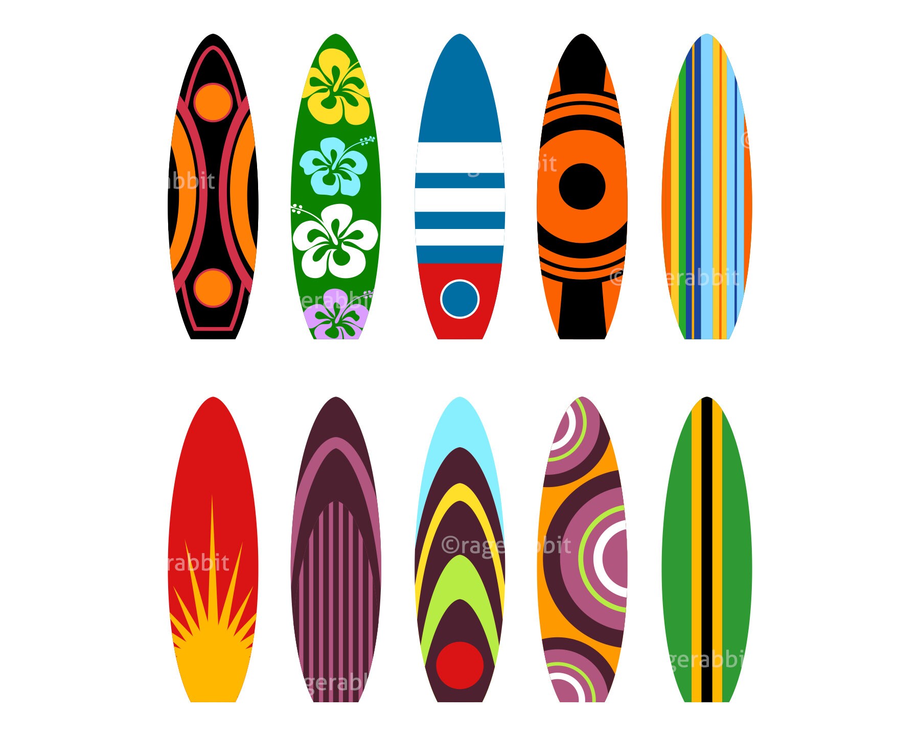 20 Surf Designs With Hibiscus Flowers, Sumer, Island, Set, Collection ...