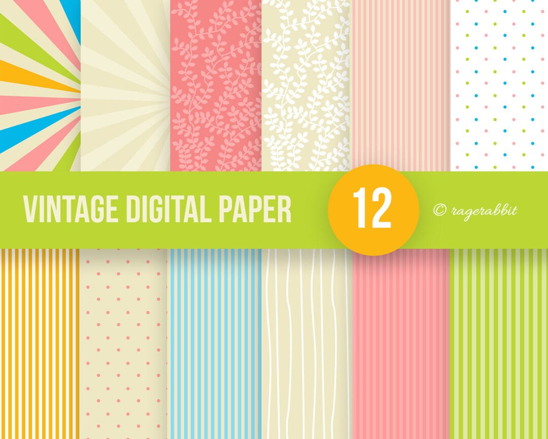 Vintage Digital Paper Set, Polka Dots, Stripes, Spring, Leaf, Natural ...
