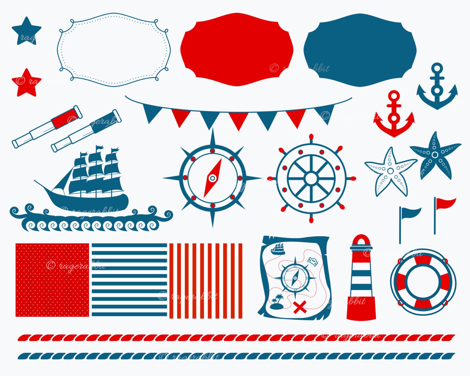 Nautical Set, Clip Art, Illustrations, Decorations, Emblems, Digital ...
