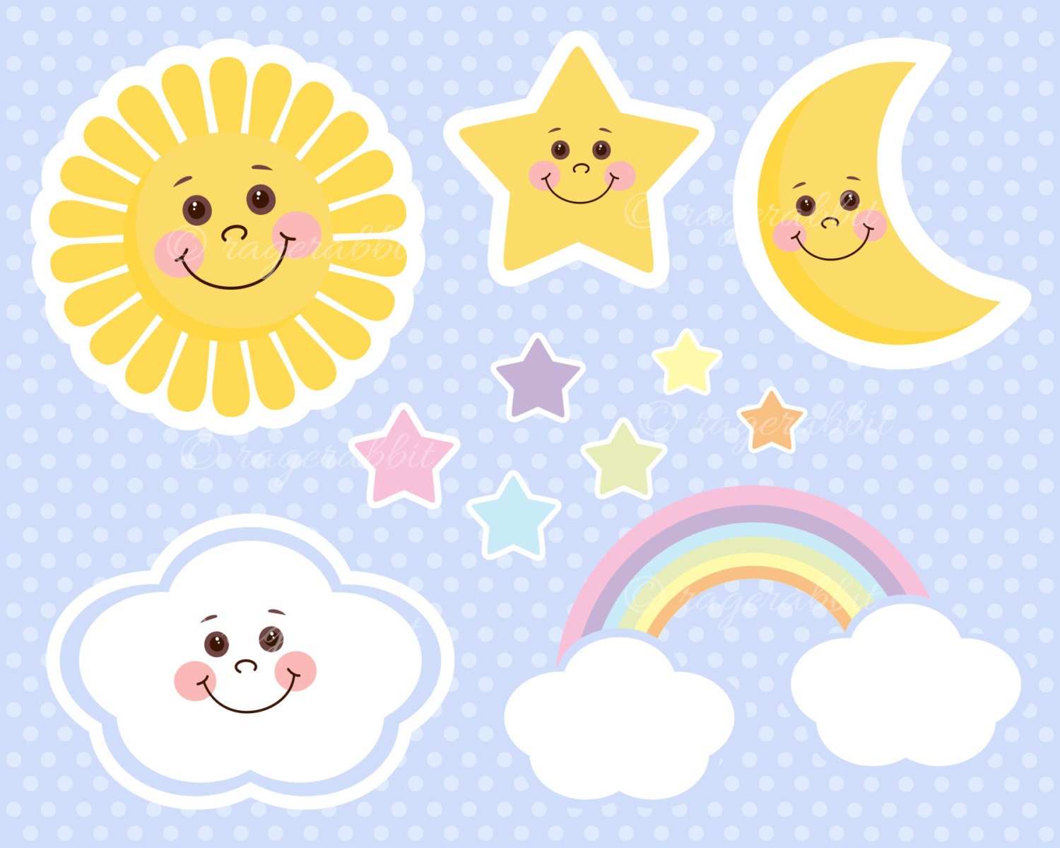 Sun Baby Vector Illustrations, Clouds, Rainbow, Stars, Moon, Set, Clip ...