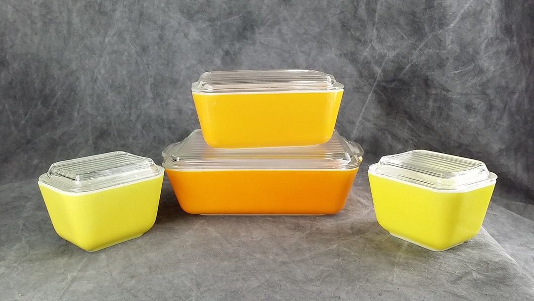 Complete Set of 4 Pyrex Refrigerator Dishes, Daisy / Citrus Pattern ...