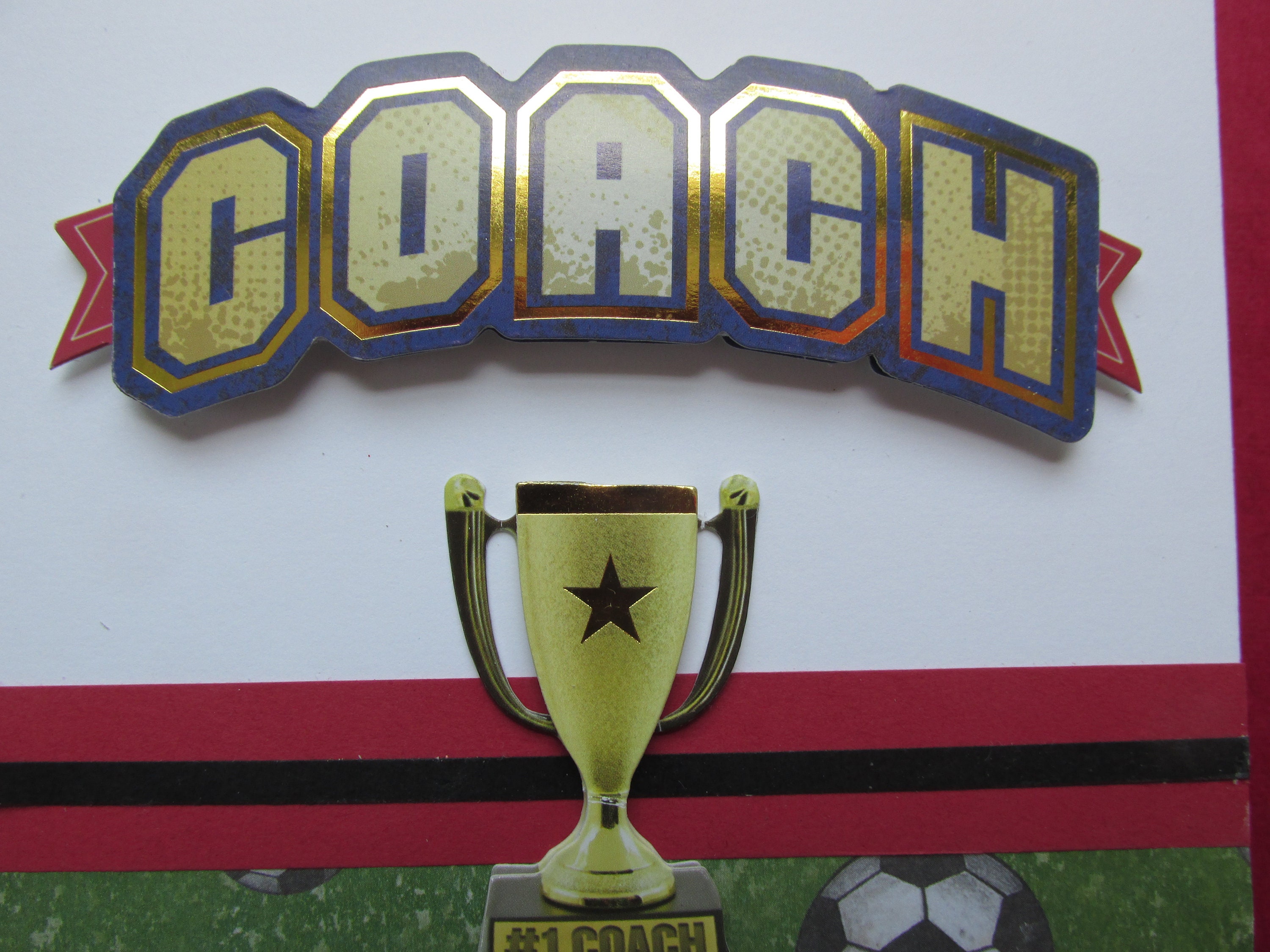 Coach Soccer Thank You Card, Front of Card, Large 3D COACH, Trophy With ...