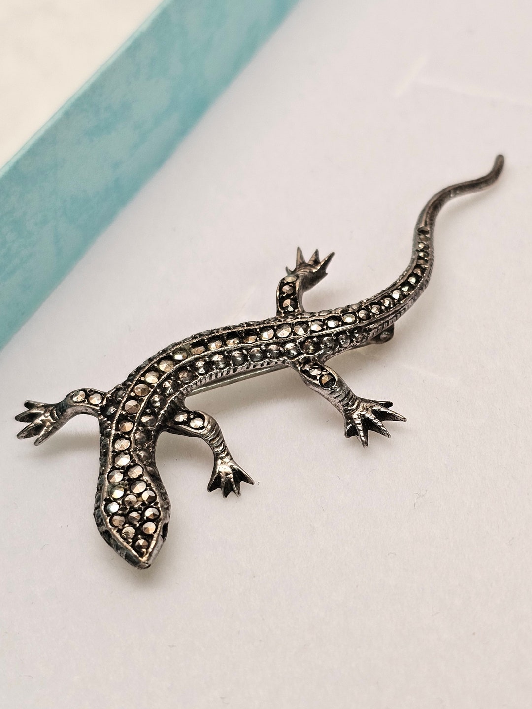 Art Deco Lizard Salamander Brooch Large Silver 835 Marcasites & Crystal ...