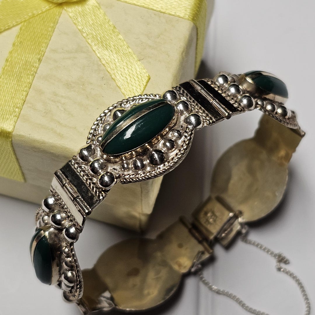 16,5 Cm Nostalgisches Armband Gliederarmband Sterling Silber 925 Onyx Grün Vintage Elegant SA275 ...