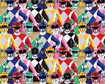 POWER RANGERS Fight, Blue, Pink Red ... Ranger, Lightning Cotton Fabric ...