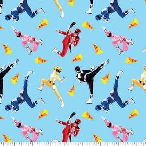 POWER RANGERS Fight, Blue, Pink Red ... Ranger, Lightning Cotton Fabric ...