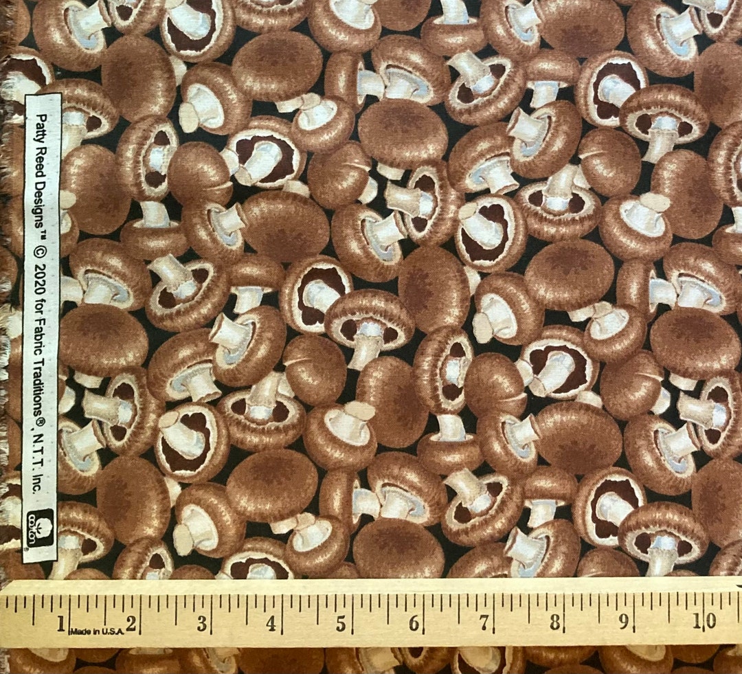 MUSHROOM Fabric, Realistic Button Mushrooms, Brown Fungus, 100% Cotton ...
