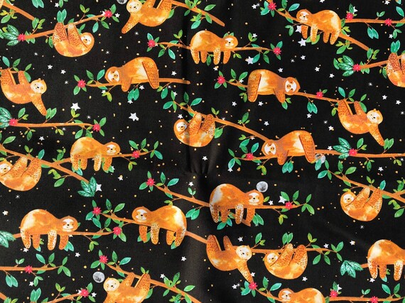 Sloths SLOTH Fabric Black Background 100% Cotton for - Etsy