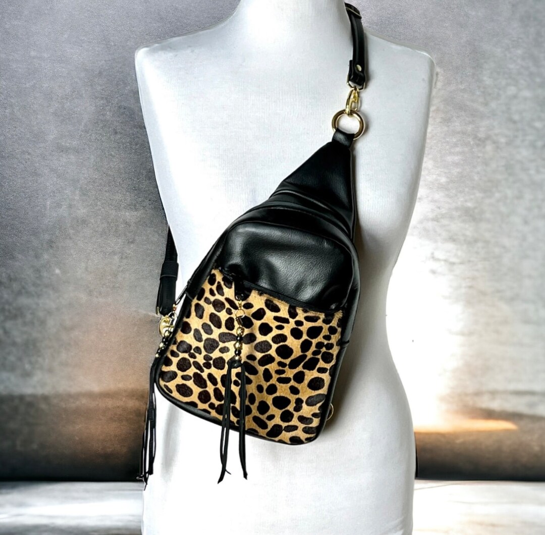 Leopard Print Sling Bag, Leopard Cowhide and Black Leather Backpack - Etsy