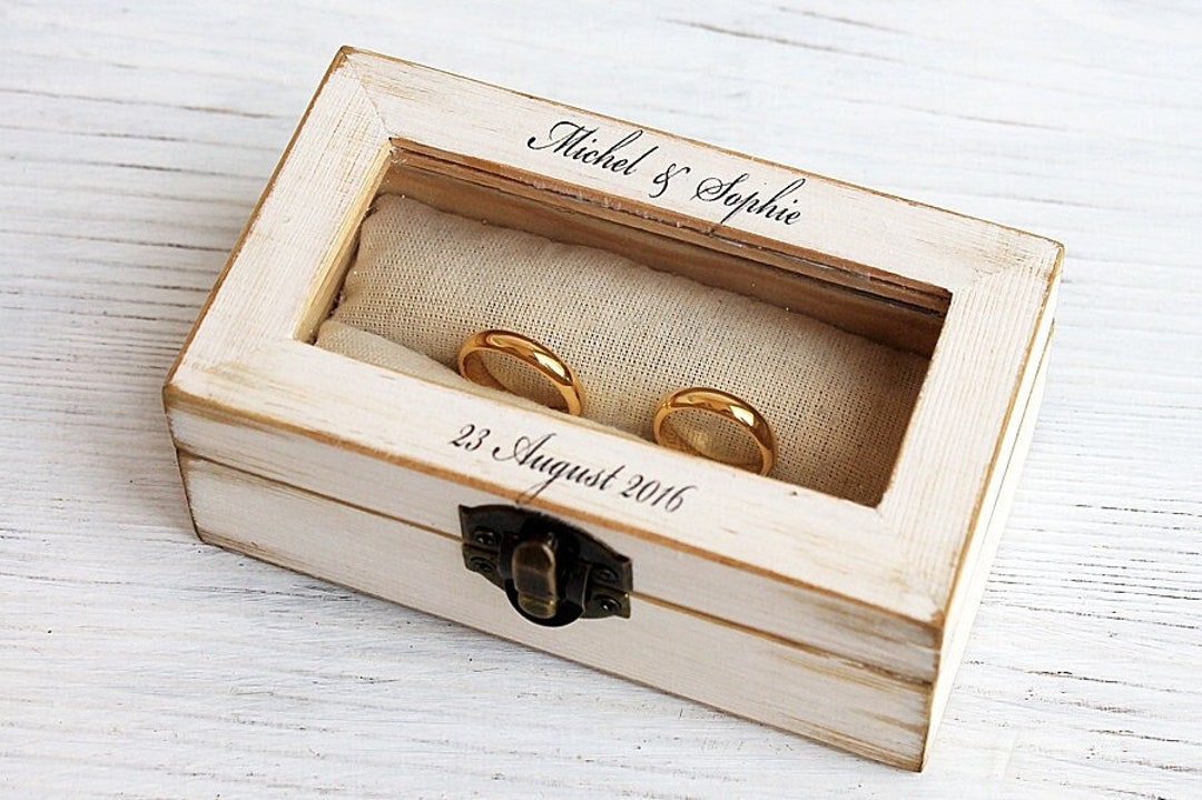 Wedding Ring Box, Personalized Box, White Ring Box, Glass Ring Box, White Wedding Box Glass Ring ...