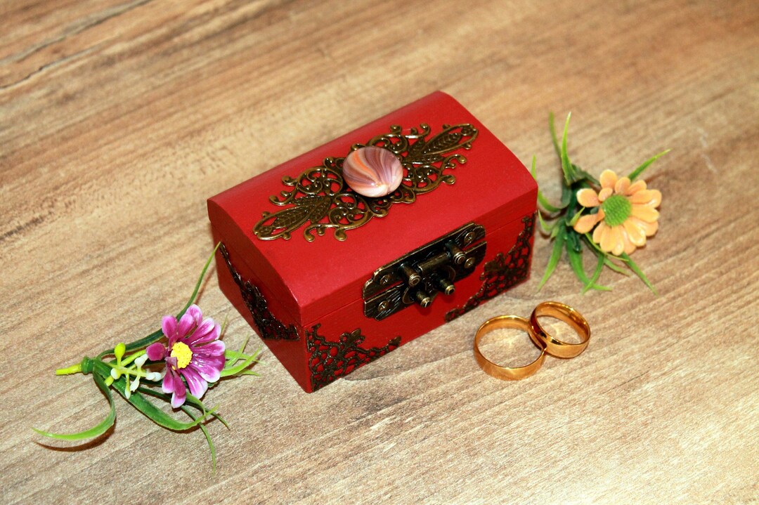 Wooden Red Box With Metal Elements-metal Fittings. Ring Bearer Wedding ...