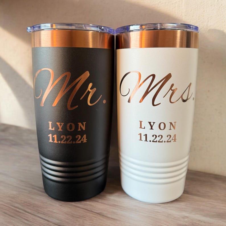 Bride and Groom Custom Mr. and Mrs. Rose Gold Black and White Tumblers ...