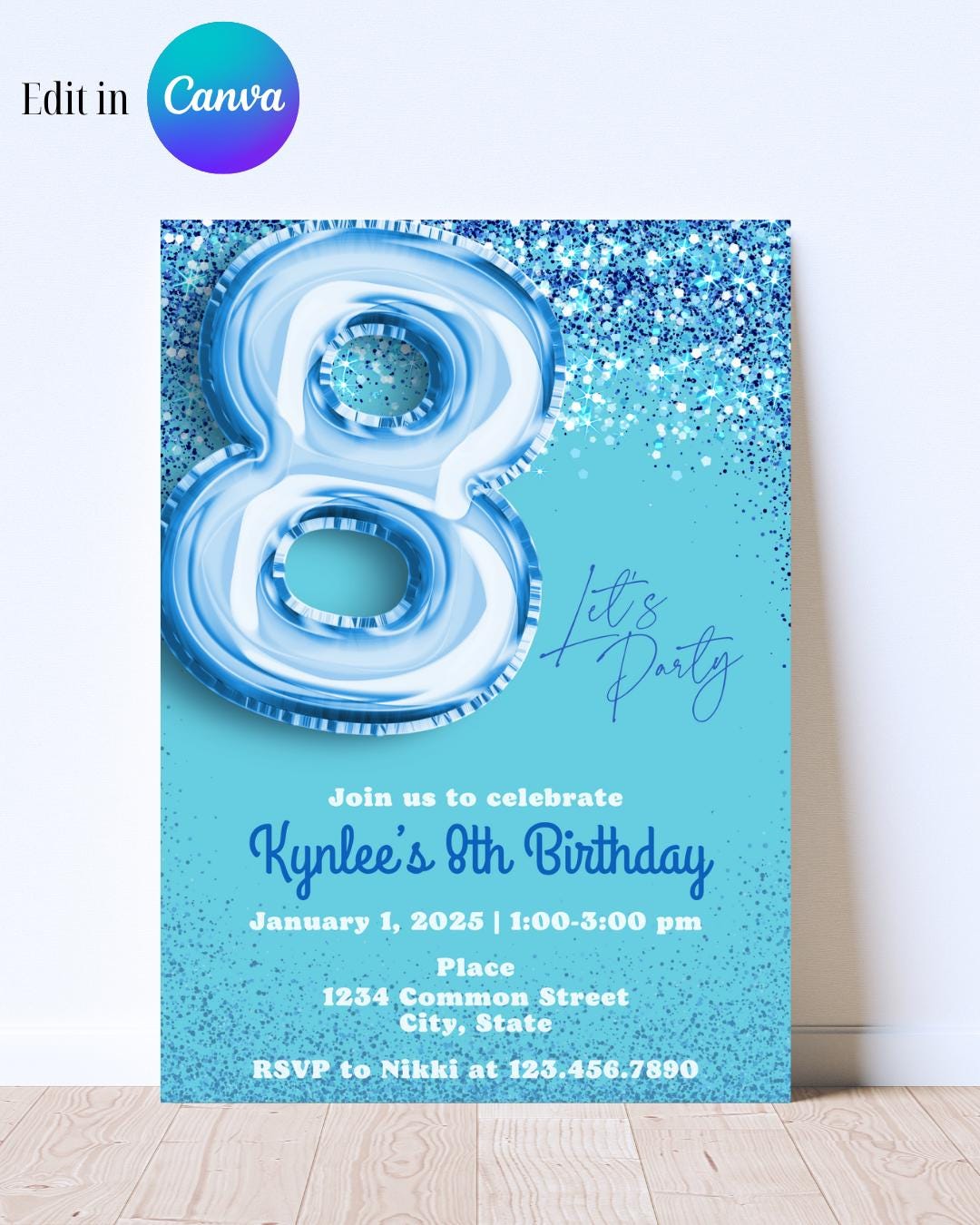 Editable 8th Birthday Invitation | Canva Template | Blue Glitter ...