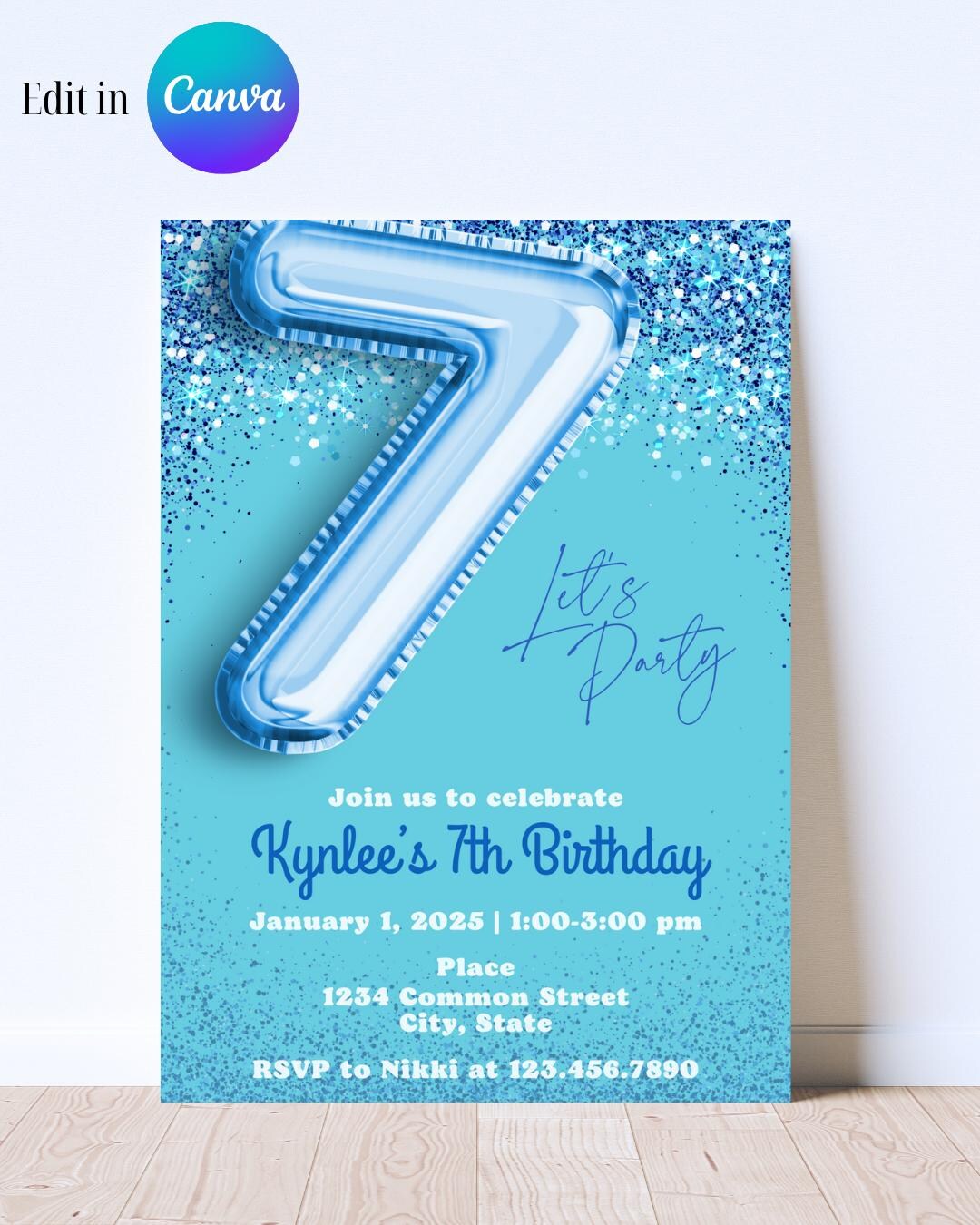 Editable 7th Birthday Invitation | Canva Template | Blue Glitter ...
