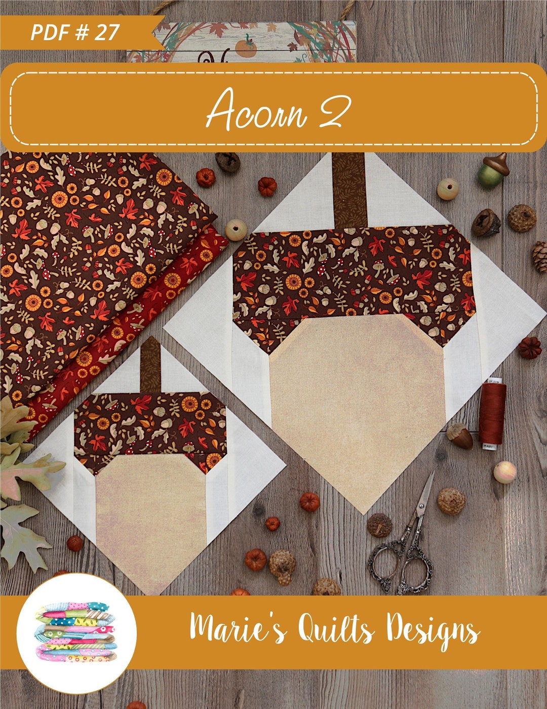Acorn PDF Quilt Block Simple Pattern, 2 Size Blocks, Fall, Thanksgiving ...
