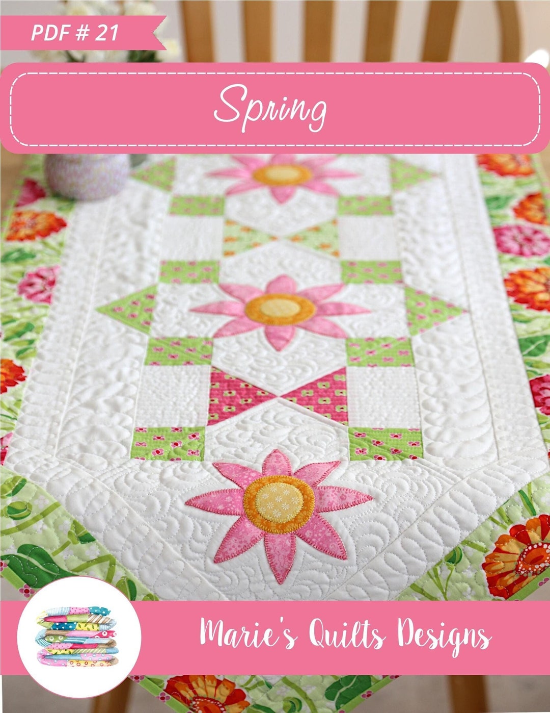 Spring Flower Applique Table Runner Pattern PDF Digital, Block Quilt ...