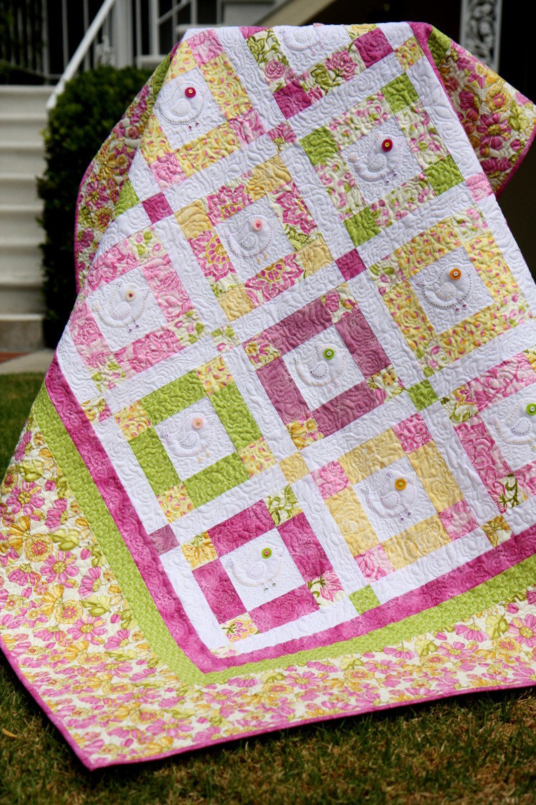 Handmade Pink Girl Quilt, Bird, Green, Yellow, Animal, Modern Quilt ...