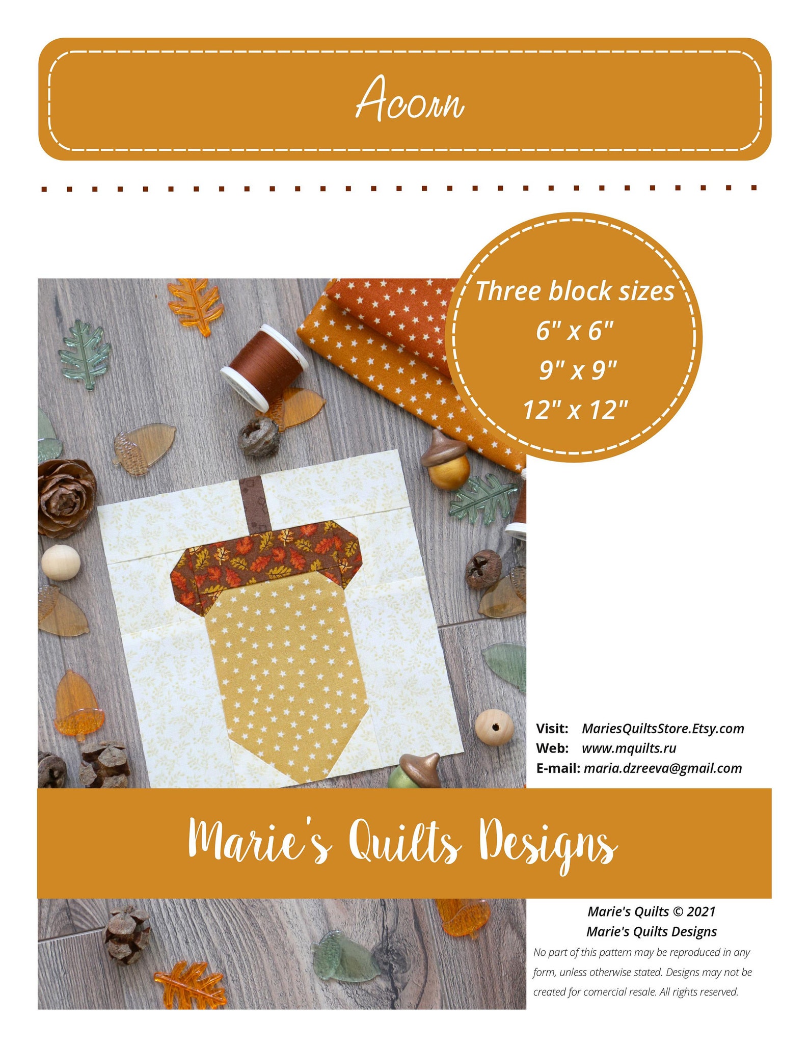 Acorn PDF Quilt Block Simple Pattern, 3 Size Blocks, Fall, Thanksgiving ...