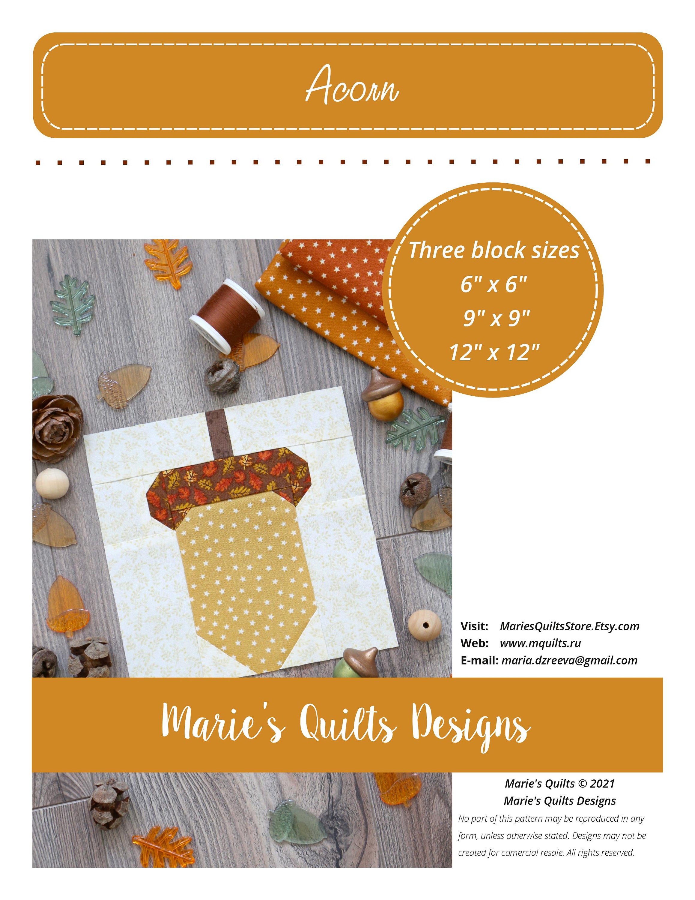 Acorn PDF Quilt Block Simple Pattern, 3 Size Blocks, Fall, Thanksgiving ...