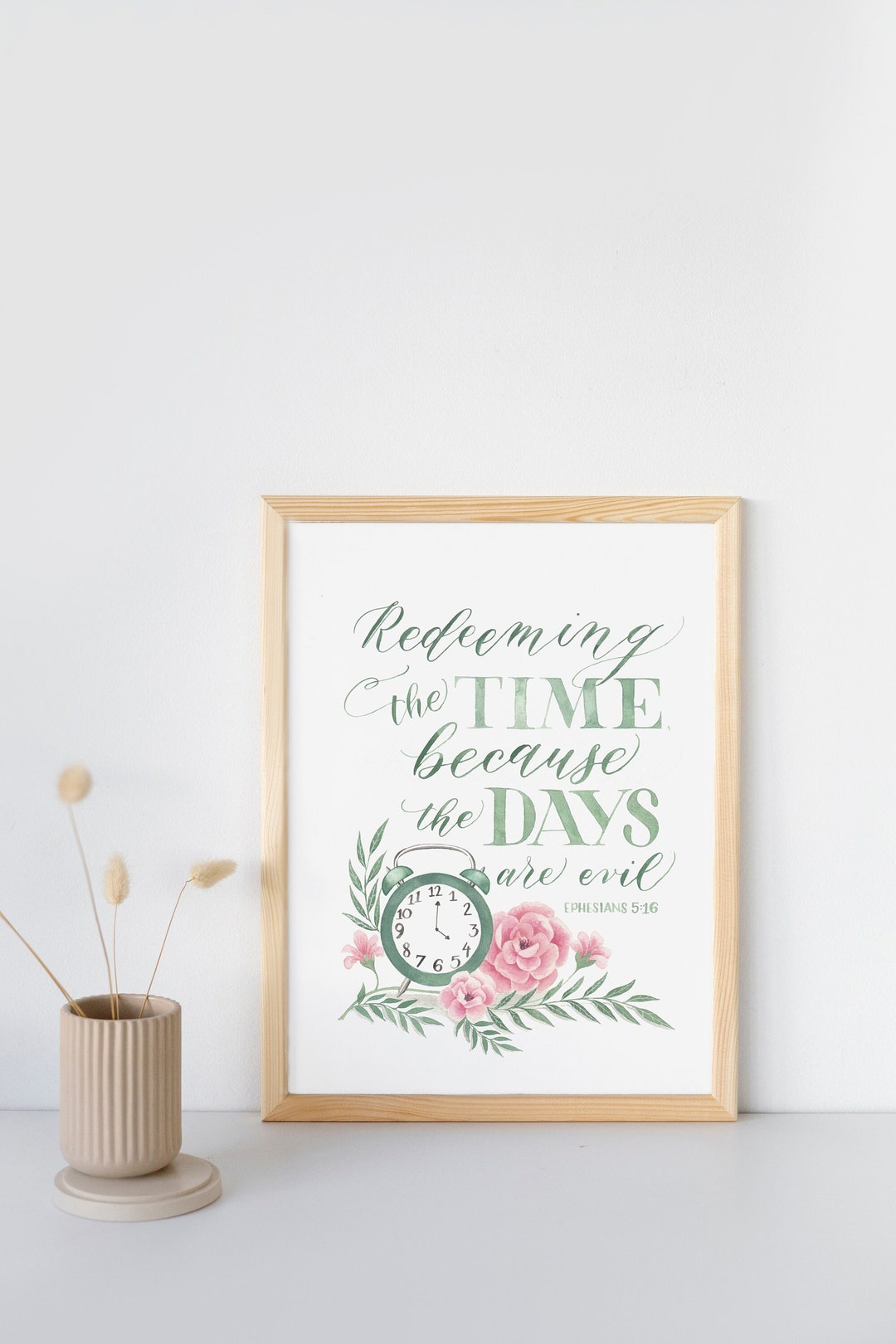 Redeeming the Time Scripture Print Teal Antique Clock Floral Watercolor ...