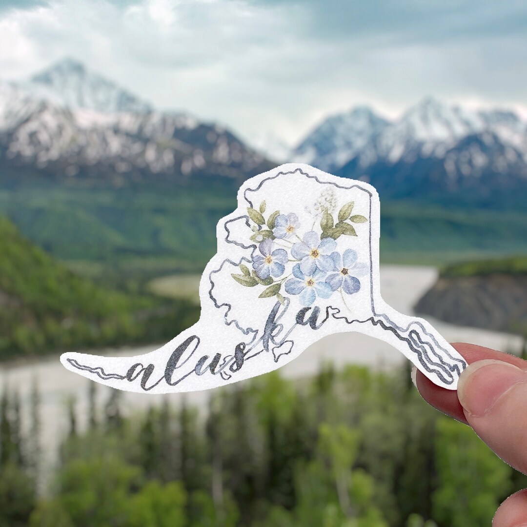 Alaska Sticker, State Outline and Forget Me Not Flower, Matte Vinyl ...
