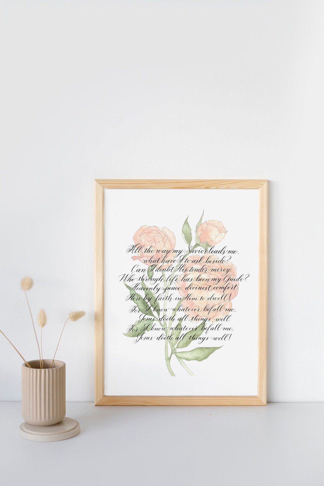 Hymn Lyric Calligraphy and Modern Peony Floral Watercolor Art Print ...