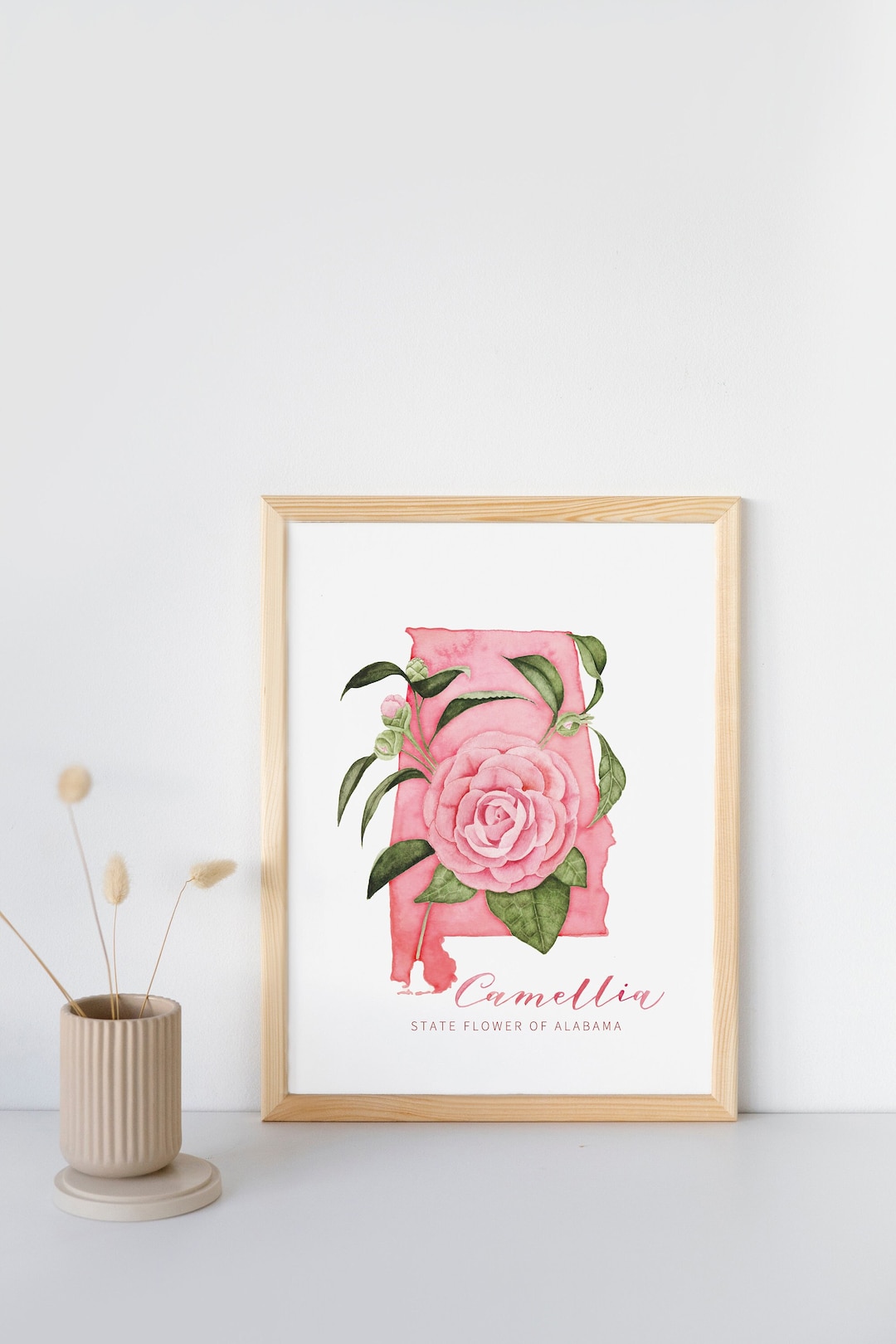 Alabama State Flower Print, Camellia and State Shape Watercolor ...