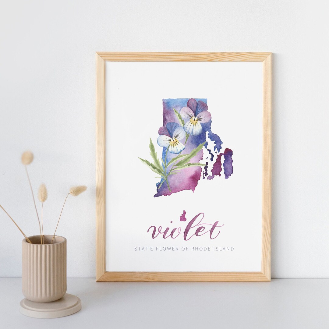 Rhode Island State Flower and Shape Print | Violet Floral Watercolor ...