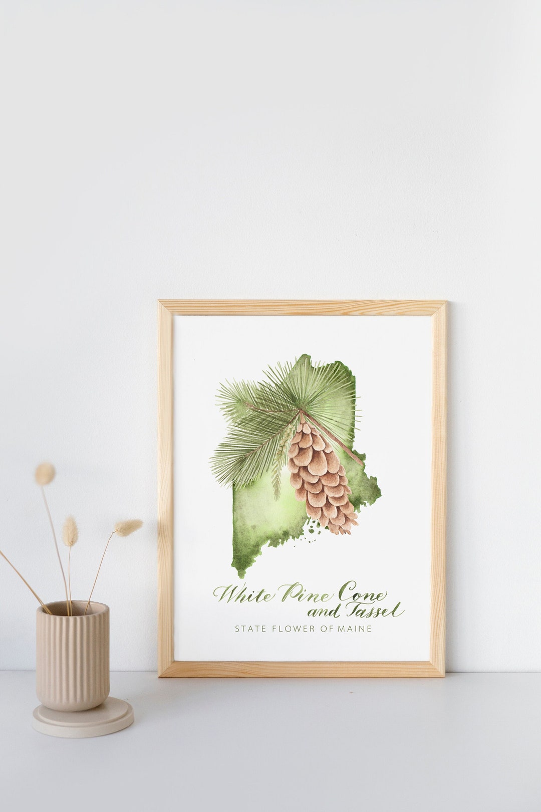 Maine State Flower and Shape Print | White Pine Cone and Tassel Fine ...