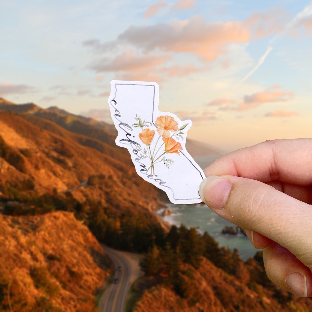 California Poppy State Shape Matte Vinyl Waterproof Sticker, Water ...