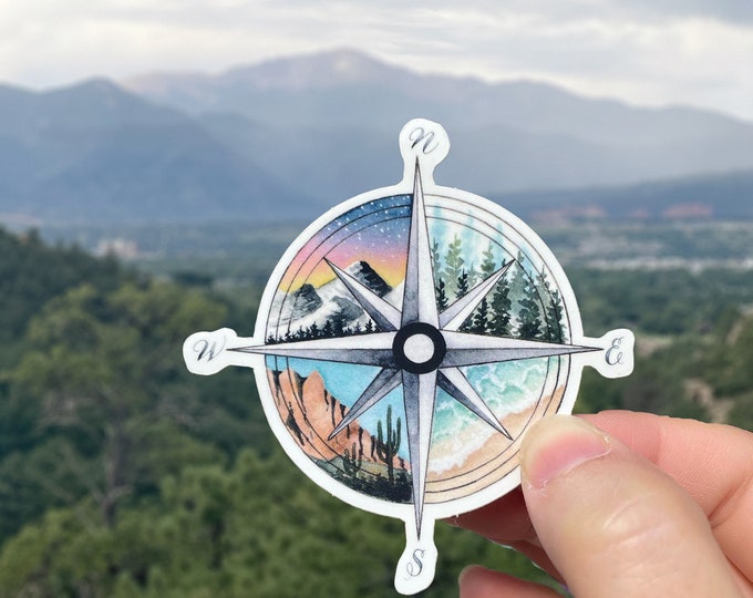 Watercolor Compass Rose Waterproof Vinyl Sticker, Regional Landscapes ...